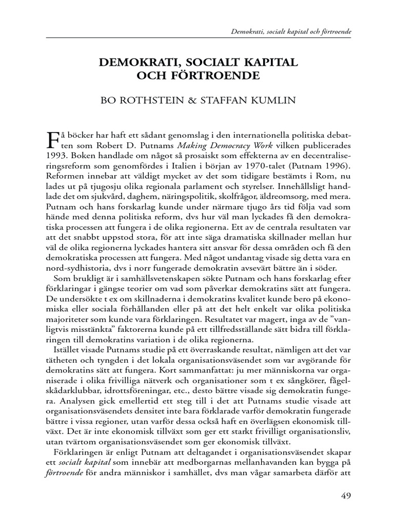 Rothstein & Kumlin, Demokrati, Socialt Kapital Och Förtroende | PDF