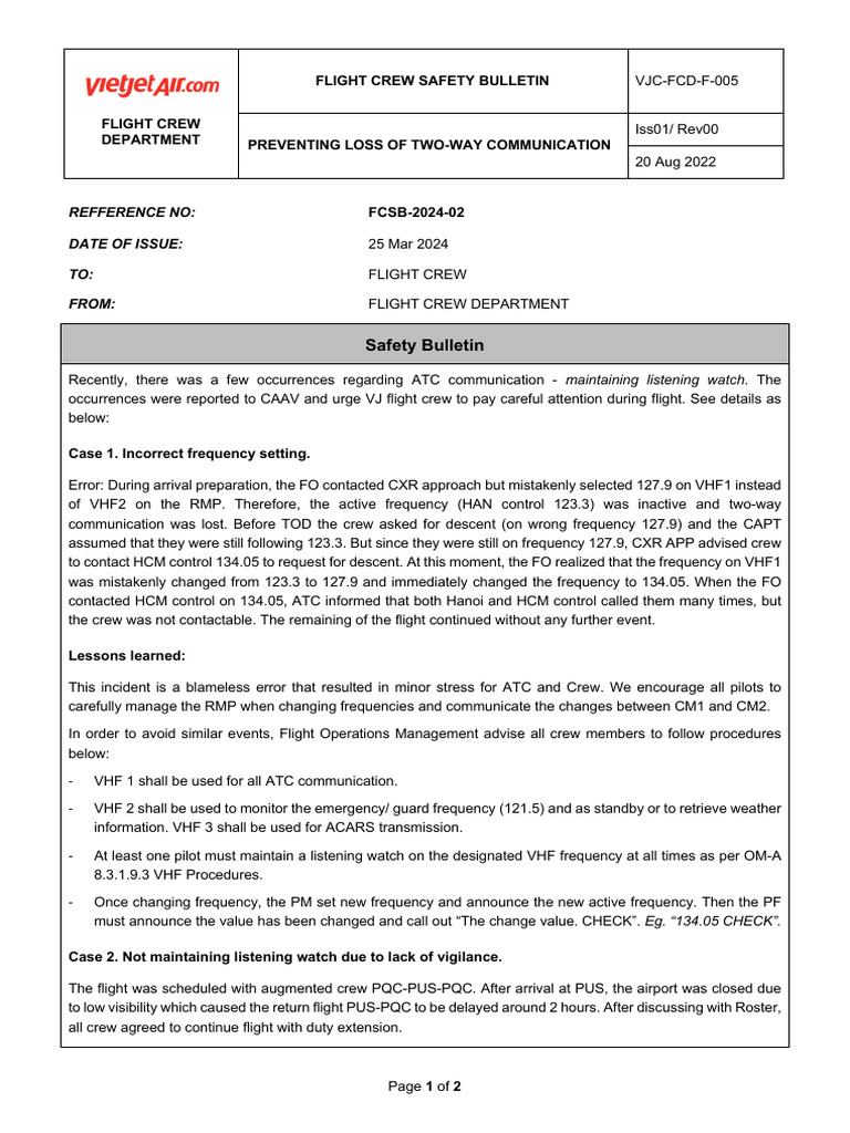 Flight Crew Safety Bulletin 2024-02 - Preventing Loss of Two-Way ...