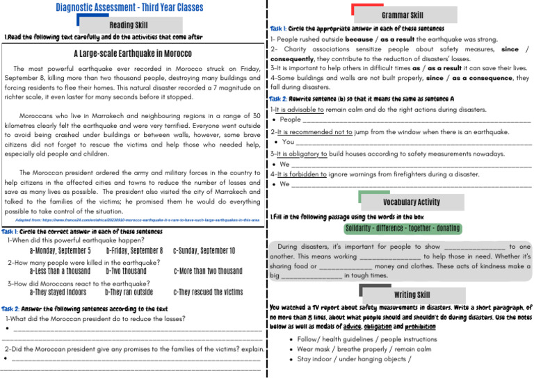Third Year Diagnostic Assessment: Earthquake Response | PDF ...
