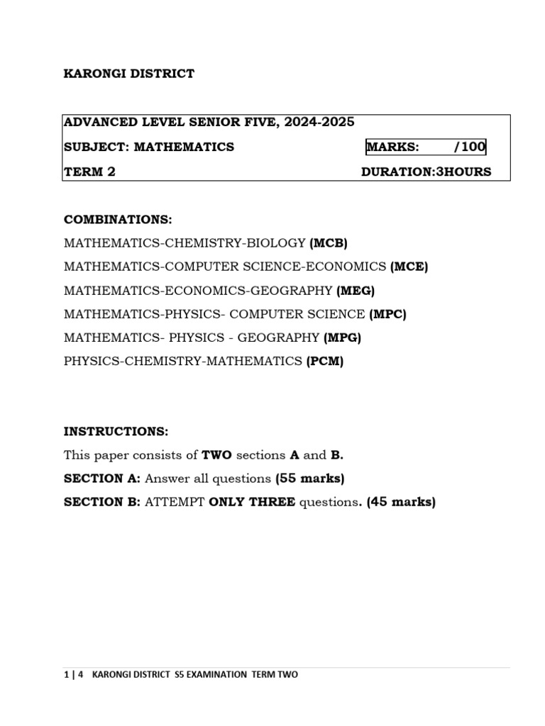Karongi District S5 Math Exam 2024-2025 | PDF | Matrix (Mathematics ...