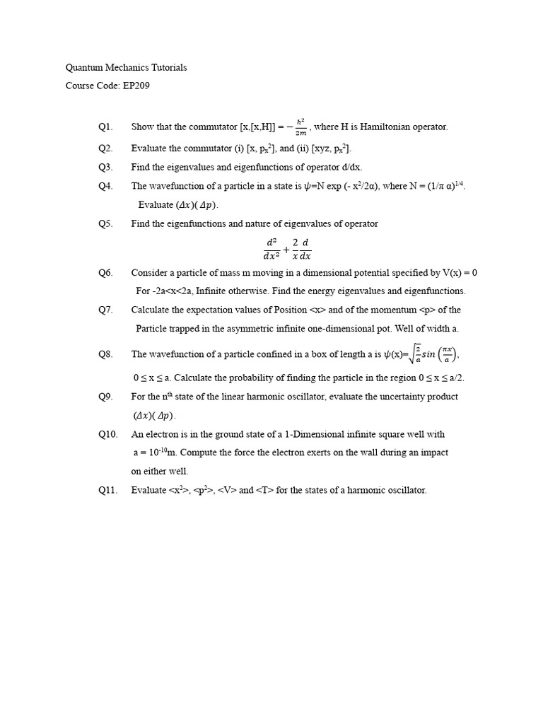 Quantum Mechanics Tutorials 1 EP209 | PDF