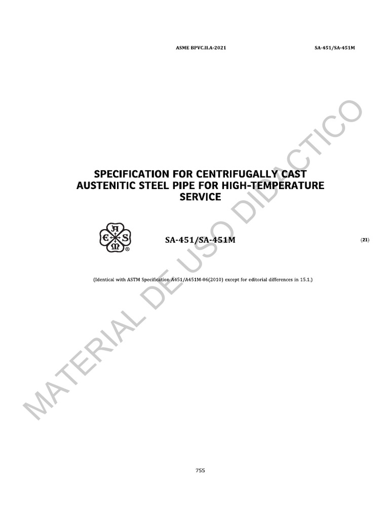 020 ASME BPVC II A 2021 SA 451 Centrifugally Cast Austenitic Steel | PDF
