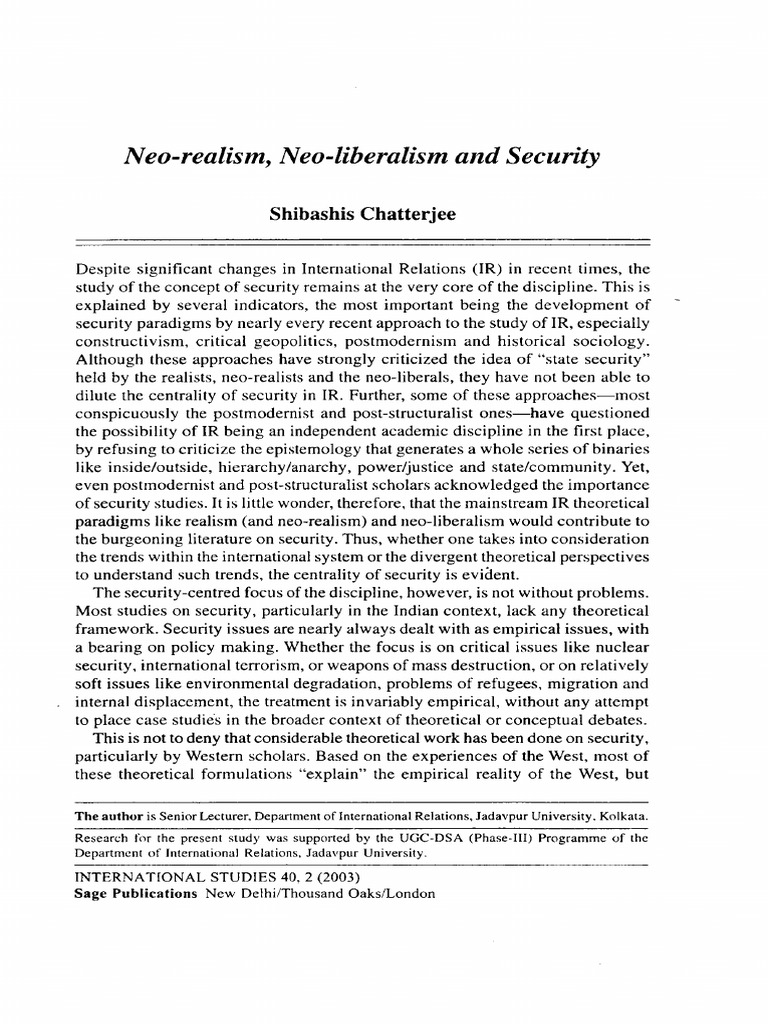 Neo-Realism and Neo-Liberalism in Security | PDF | International ...