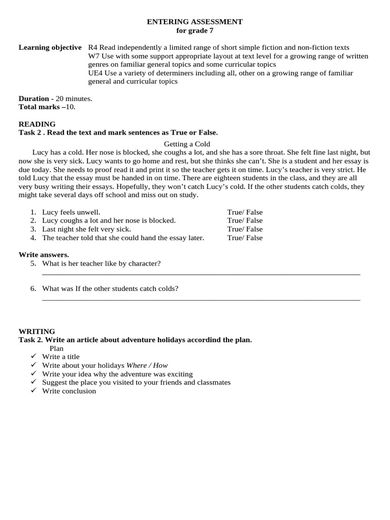 Grade 7 Assessment: Reading & Writing Tasks | PDF | Common Cold | Human ...