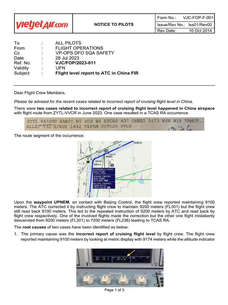 NTP 2023-011 - Flight Level Report To ATC in China FIR | PDF | Air ...