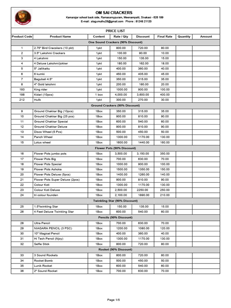 Om Sai Crackers Price List | PDF