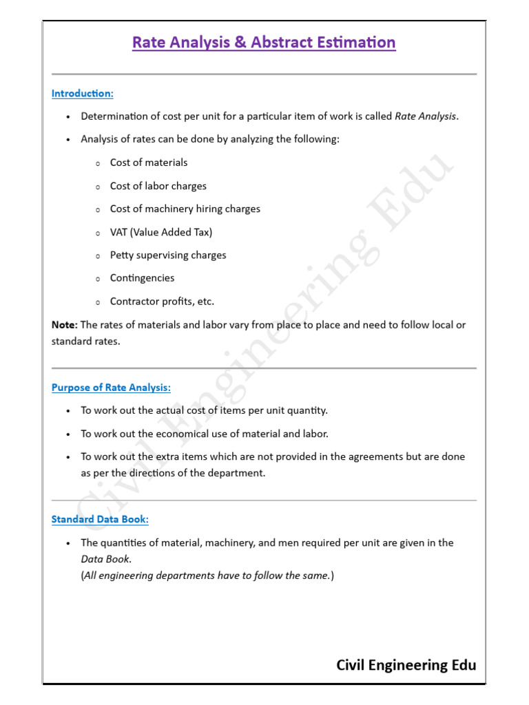 Rate Analysis & Abstract Estimation | PDF | Value Added Tax