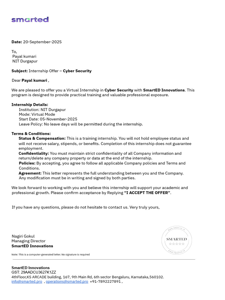 Internship Offer in Cyber Security | PDF