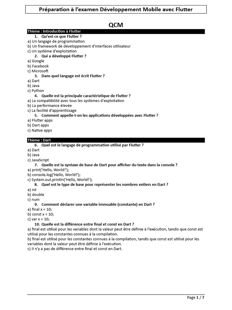 QCM Préparation Examen Développement Mobile | PDF | Informatique | Développement de logiciel