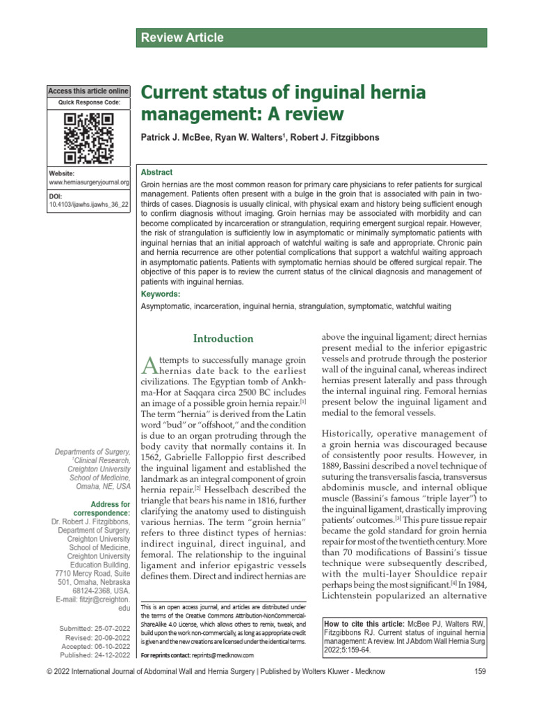Current Status of Inguinal Hernia Management A.1 | PDF