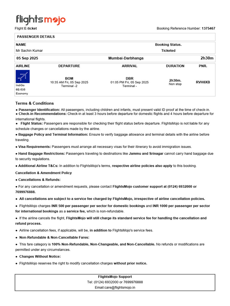 IndiGo Flight E-Ticket Details | PDF