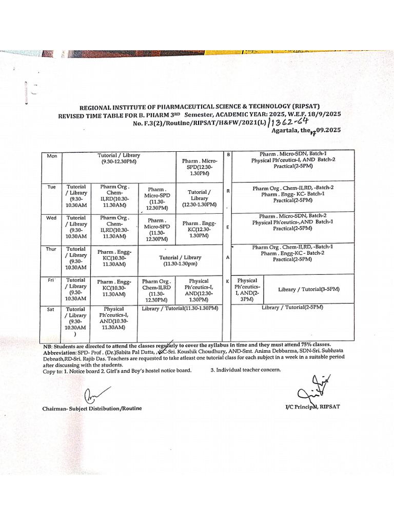 B Pharm 3rd Sem Timetable | PDF