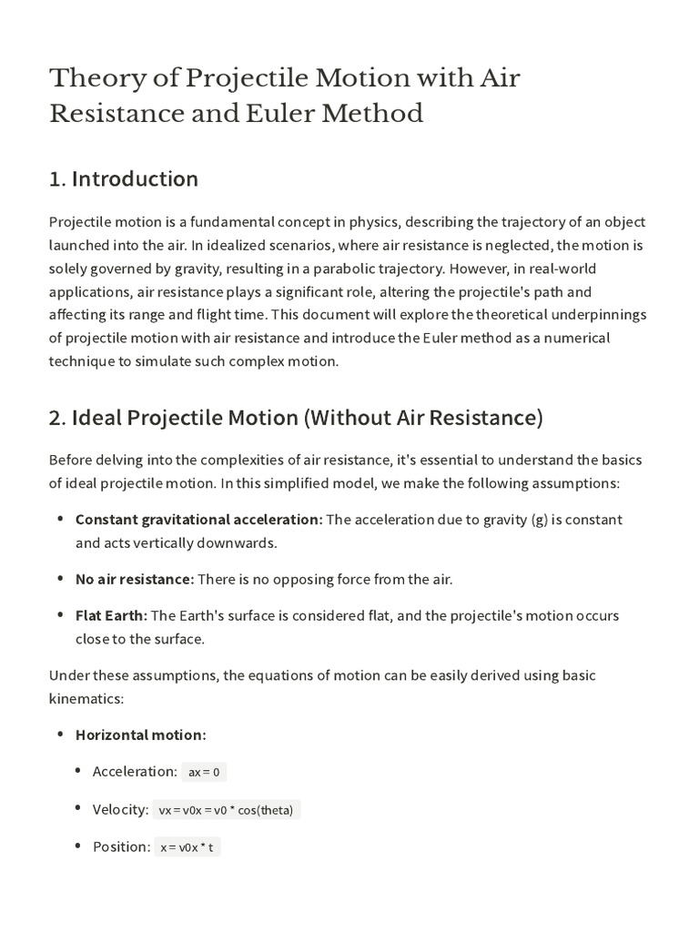 Theory of Projectile Motion With Air Resistance and Euler Method | PDF | Drag (Physics) | Force