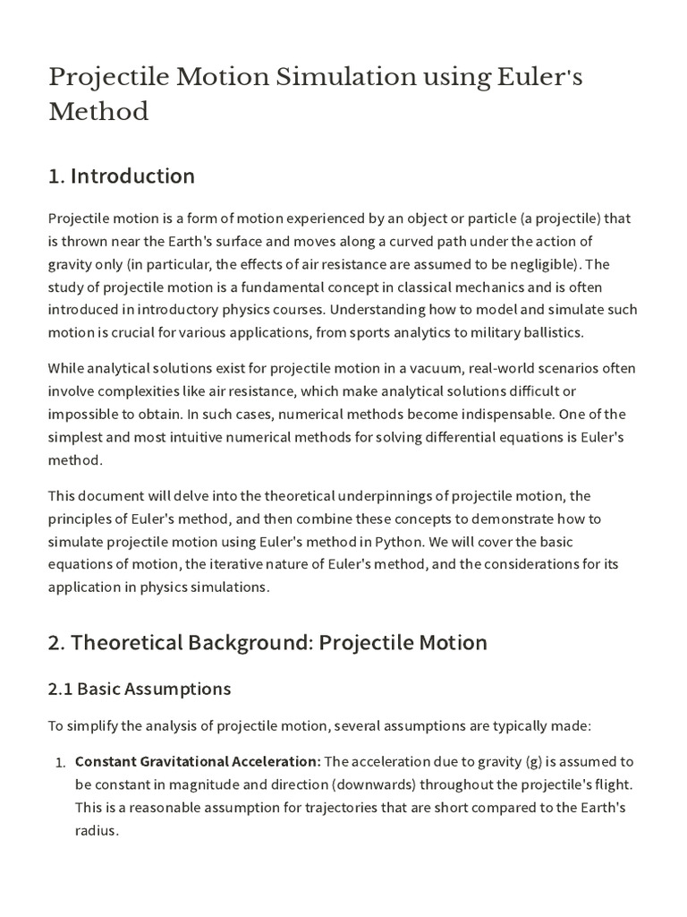 Projectile Motion Using Eulers Method | PDF | Acceleration | Differential Equations