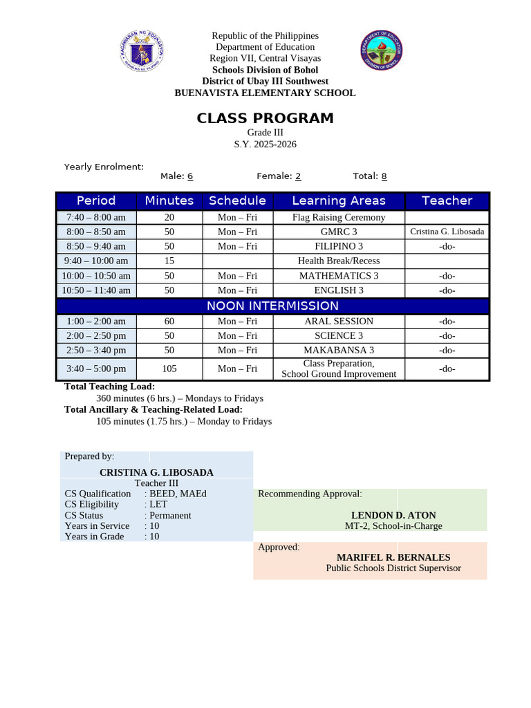 Buenavista ES Grade 3 Class Program 2025-2026 ARAL | PDF