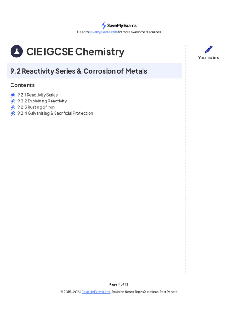 Reactivity Series & Corrosion of Metals | PDF | Rust | Chemical Reactions