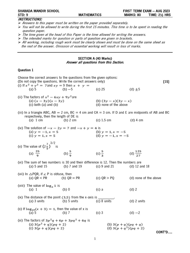 Std 9 Math Qp T1 2023 | PDF | Mathematics | Mathematical Objects