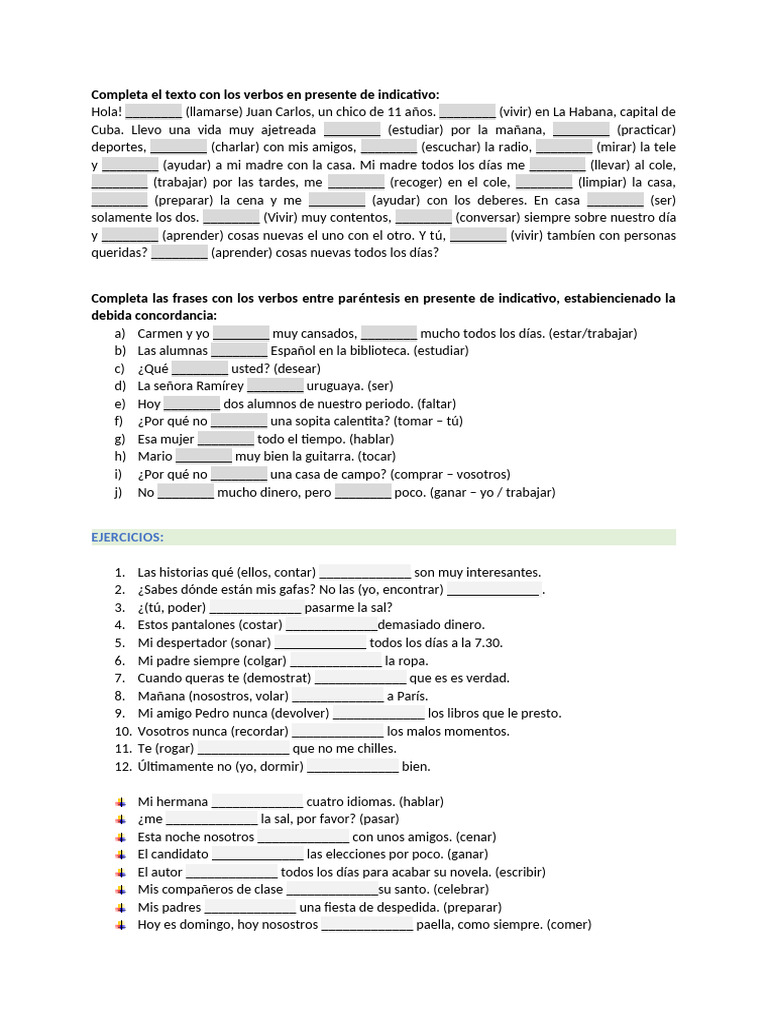 Ejercicios de Verbos en Presente de Indicativo | PDF