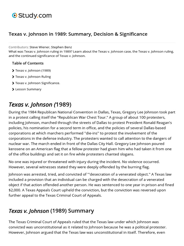 Texas v. Johnson in 1989 - Summary, Decision & Significance | PDF ...
