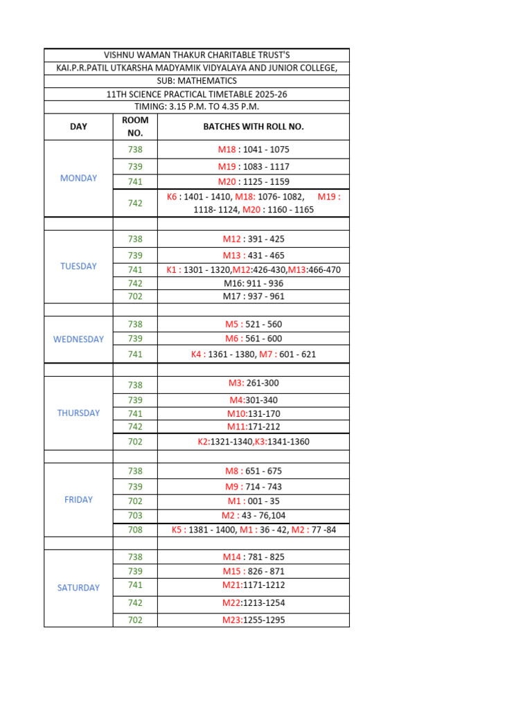 11th Science Timetable | PDF