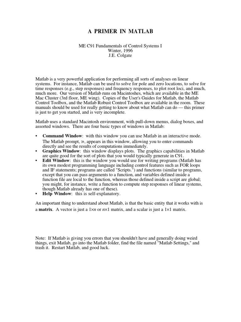 Matlab Primer | PDF | Matlab | Mathematical Analysis