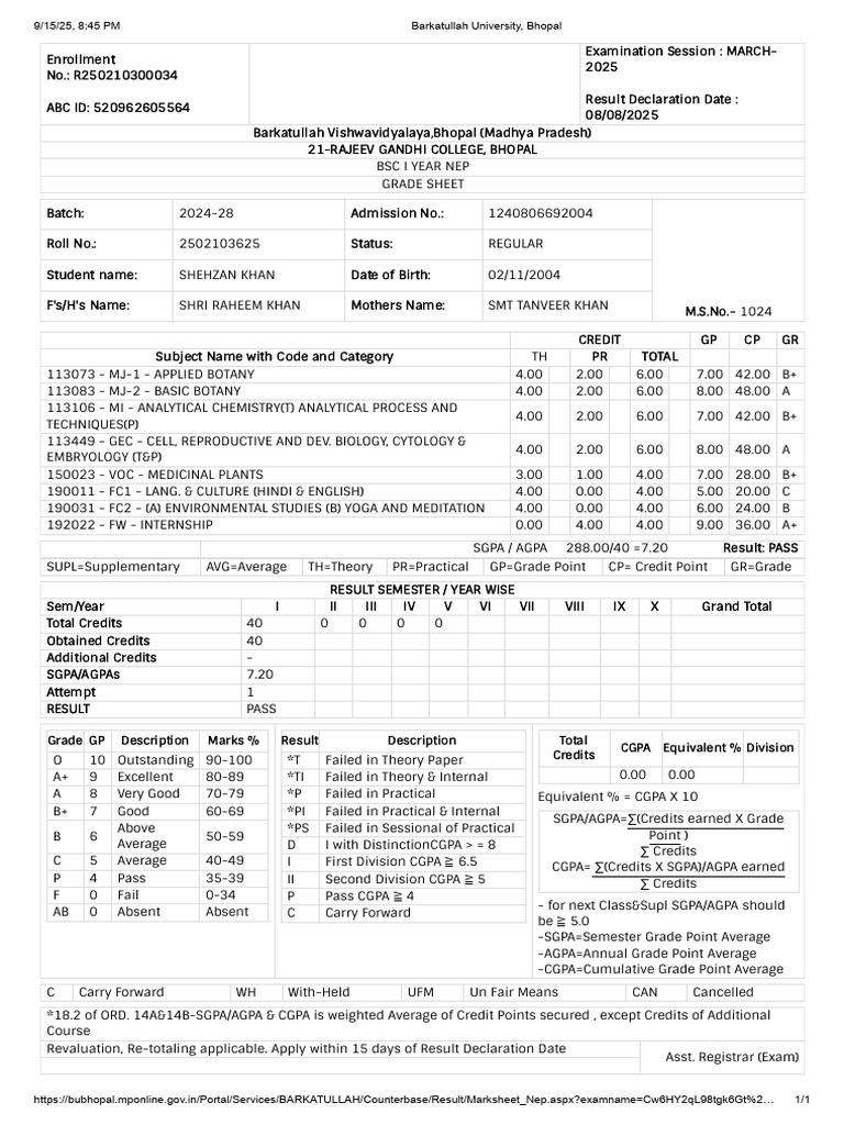 Shehzaan BSC 1 Year BU, Bhopal | PDF | Educational Stages | Qualifications
