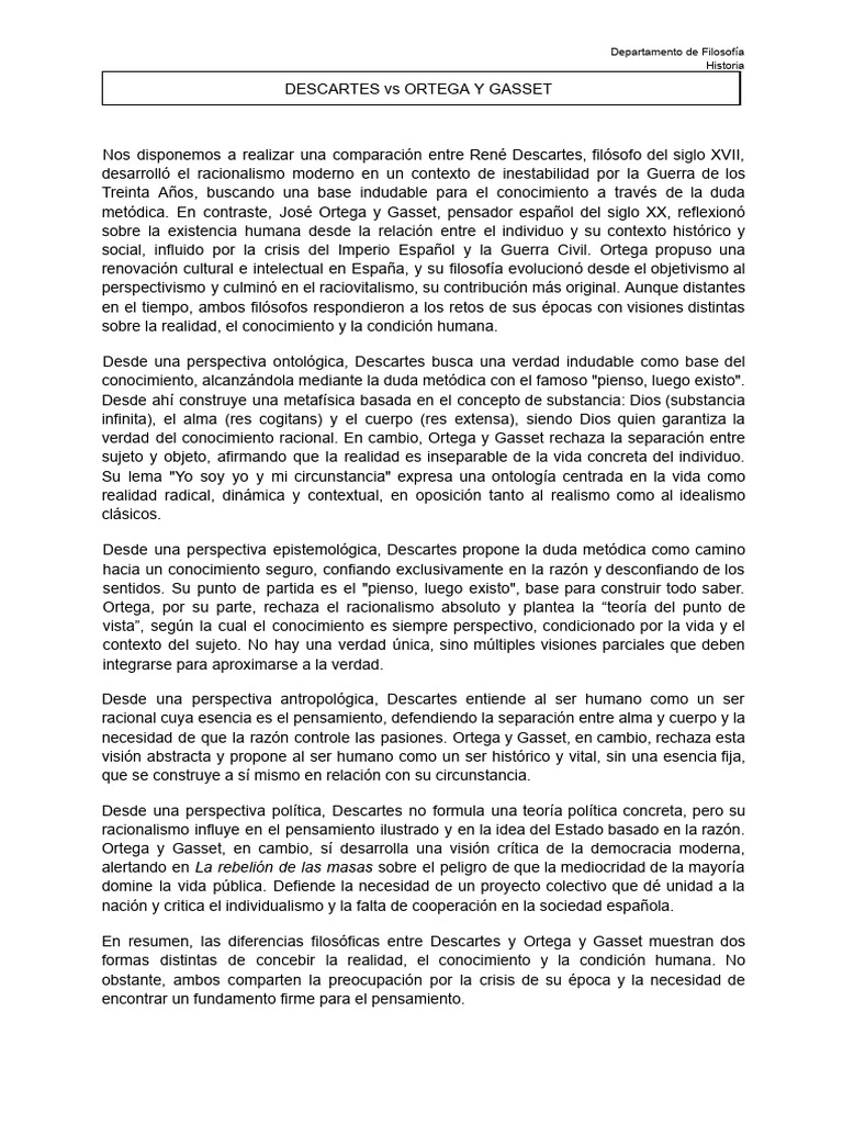 Comparativa: Descartes y Ortega y Gasset | PDF | René Descartes ...