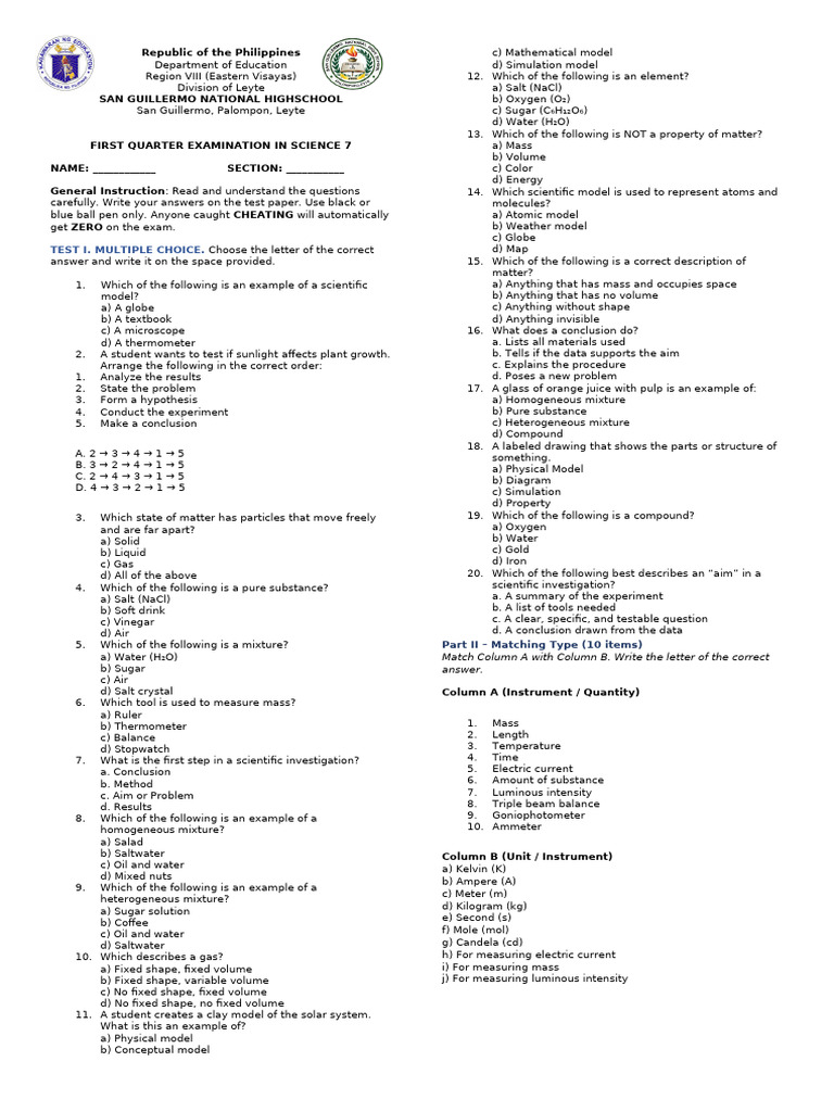 Science 7 First Quarter Exam Guide | PDF | Mixture | Mole (Unit)