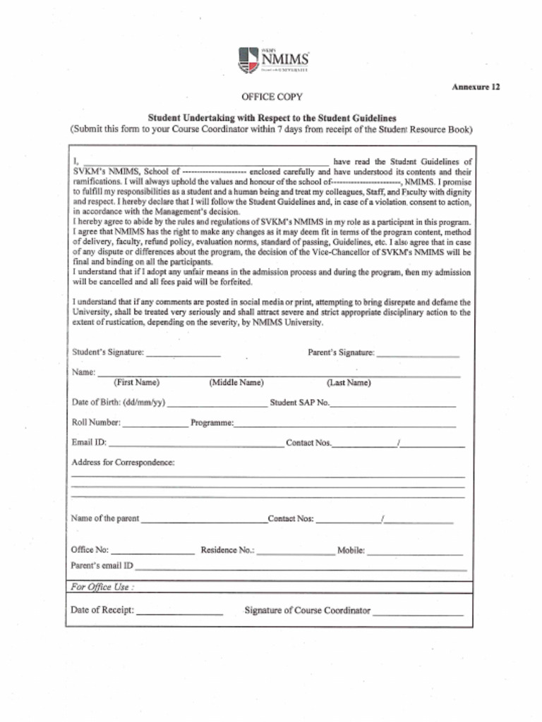 Student Undertaking Form - Ann 12 | PDF