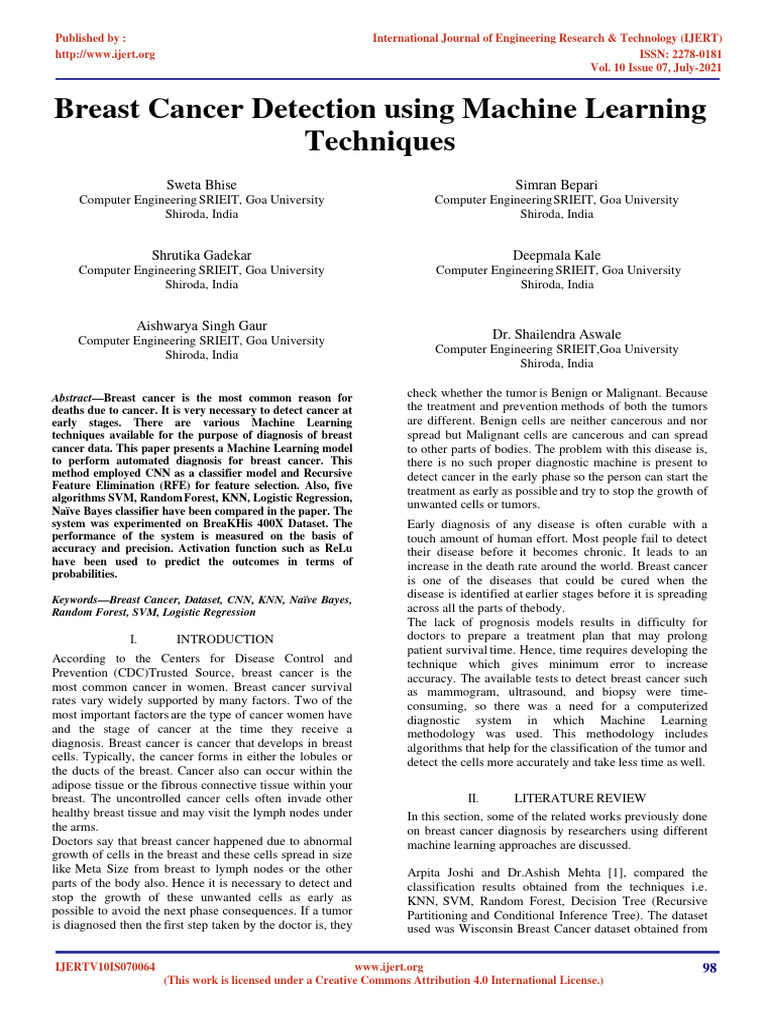 Machine Learning for Breast Cancer Detection | PDF | Support Vector ...