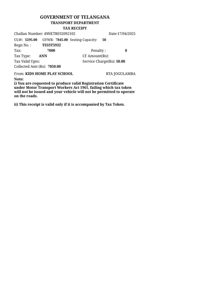 Tax Receipt for Vehicle Registration | PDF
