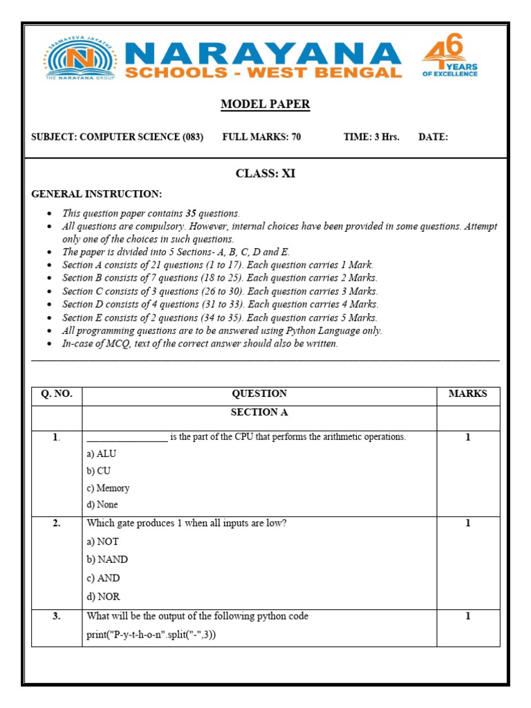 00.00.2025 Half Yealrly Xi Comp Sc. QP Model QP | PDF | Computer Program | Programming