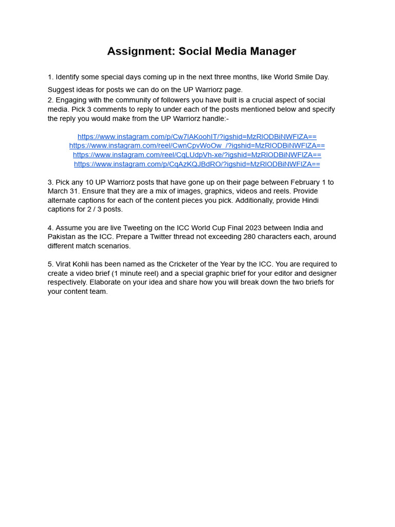 Assignment - Social Media Manager Cricket 2024 | PDF
