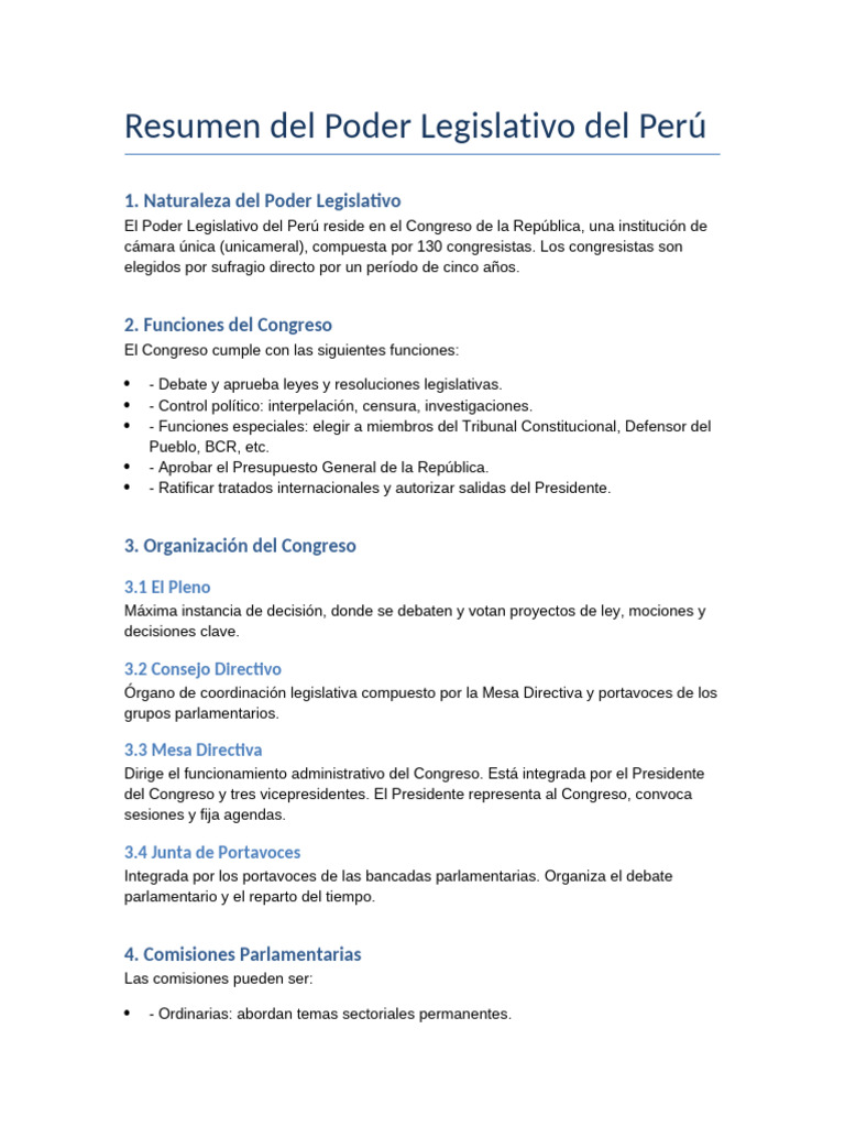 Resumen Poder Legislativo Peru | PDF