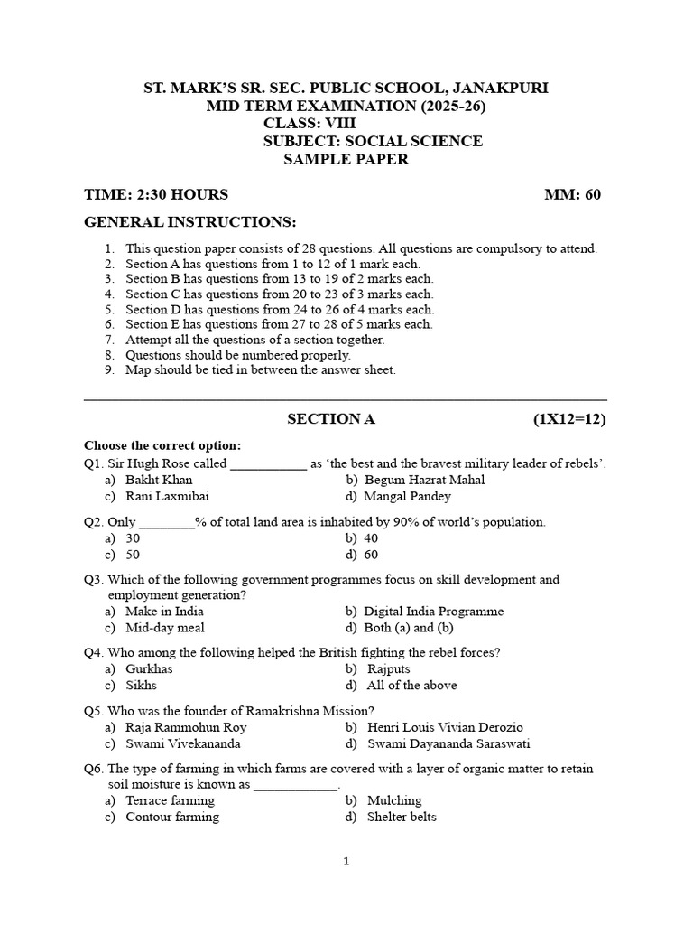 Class Viii Social Science Sample Paper | PDF