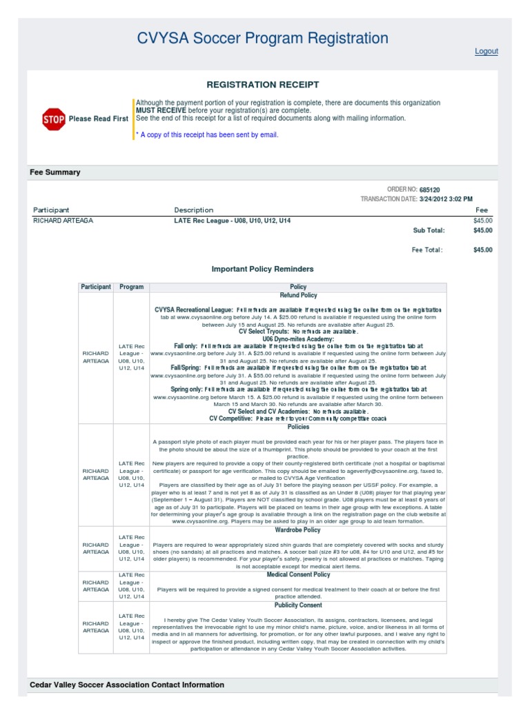 Cedar Valley Soccer Association Order 685120 Receipt | PDF | Birth ...