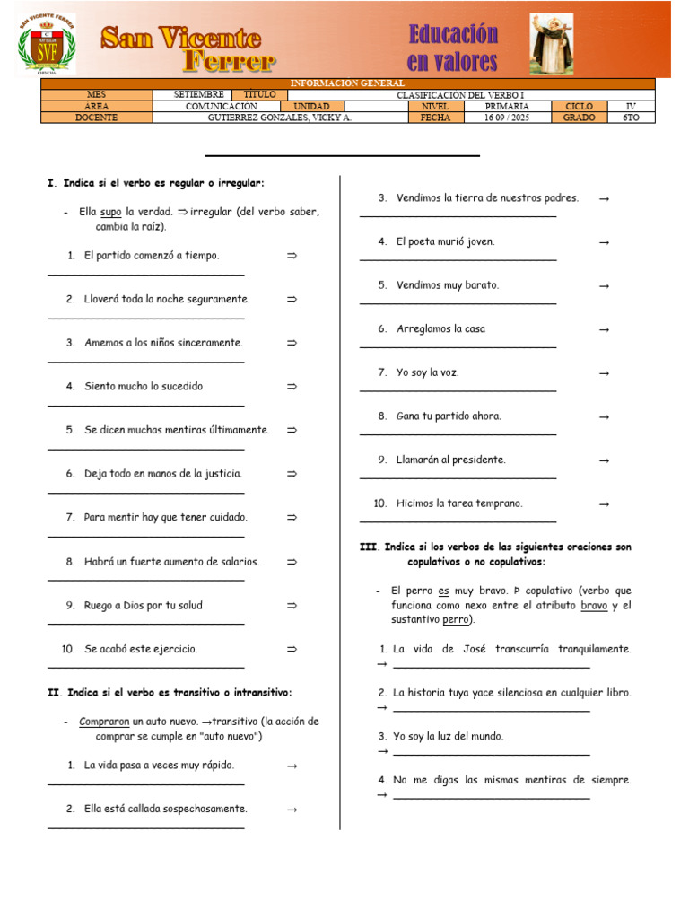 Clasificación Del Verbo I Ficha | PDF | Verbo