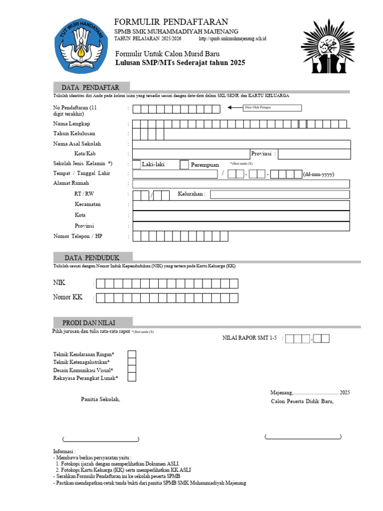 Contoh Formulir Pendaftaran SPMB SMK | PDF