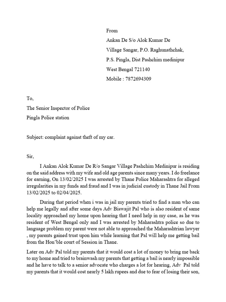 Complaint of Car Theft Against Lawyer | PDF | Law Enforcement | Crime ...