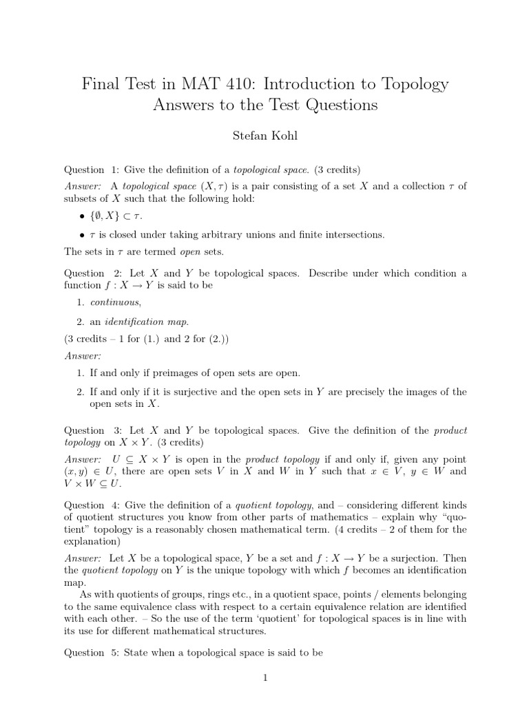 MAT 410 Topology Final Test Answers | PDF | Compact Space | Topology