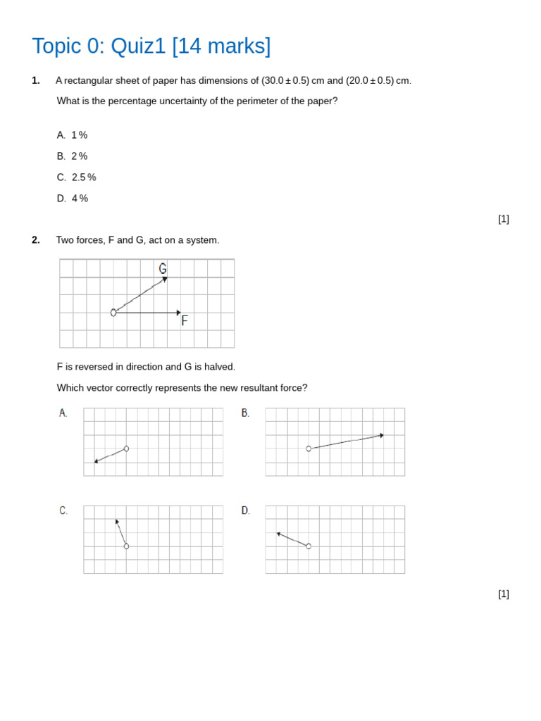 Physics Quiz on Uncertainty and Forces | PDF | Force | Pressure