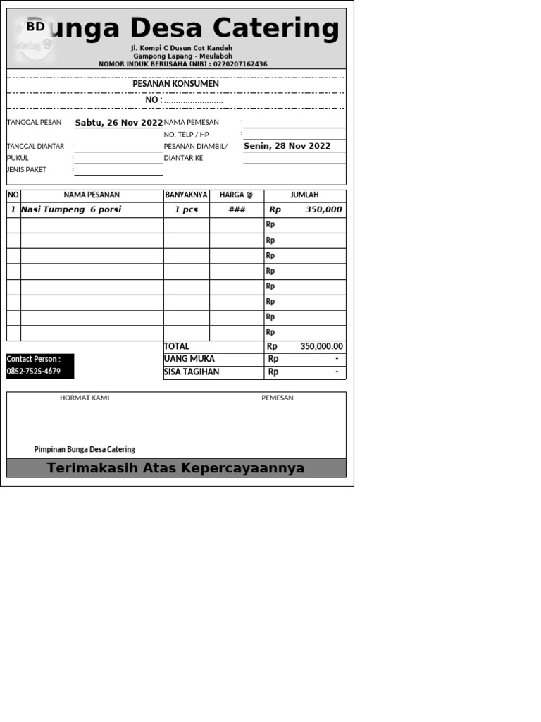 Contoh Bon Faktur Catering Bunga Desa | PDF