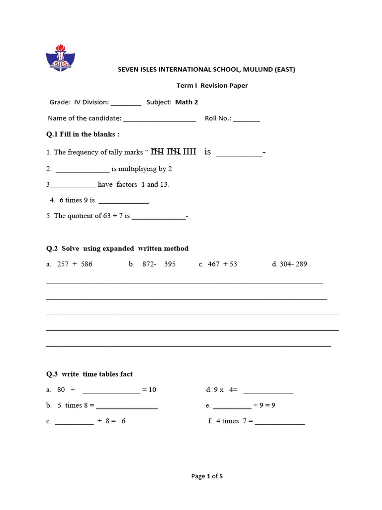 Grade IV Math Revision Paper | PDF