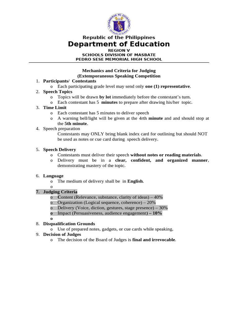 Judging Criteria for Speaking Contest | PDF