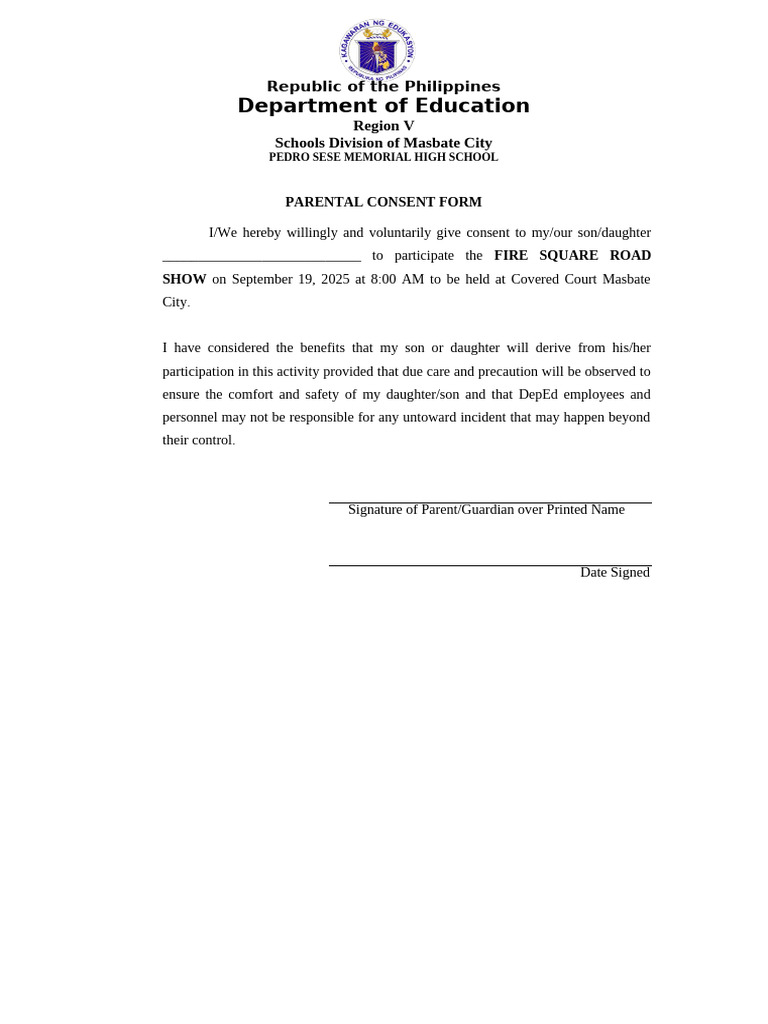 Parent Consent for Fire Square Road Show | PDF