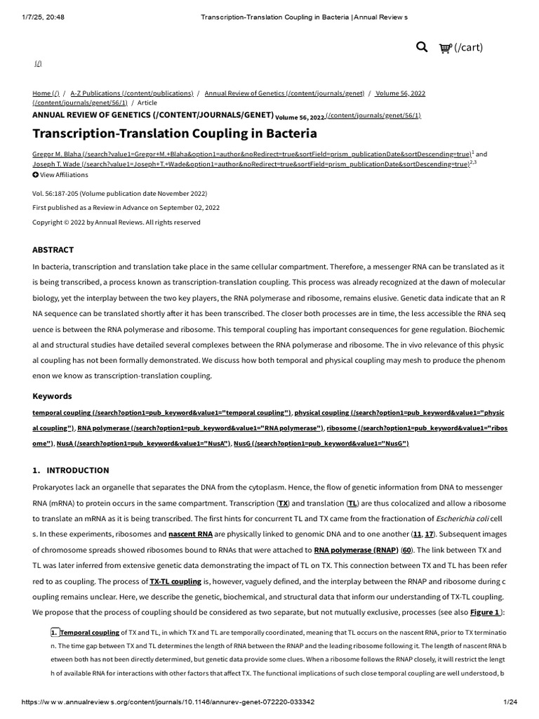 Transcription-Translation Coupling in Bacteria - Annual Reviews | PDF ...