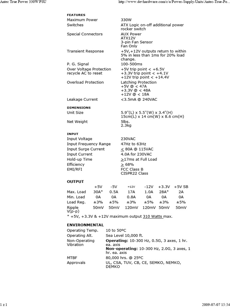 Antec True Power 330W PSU | PDF | Electronic Engineering | Power Engineering