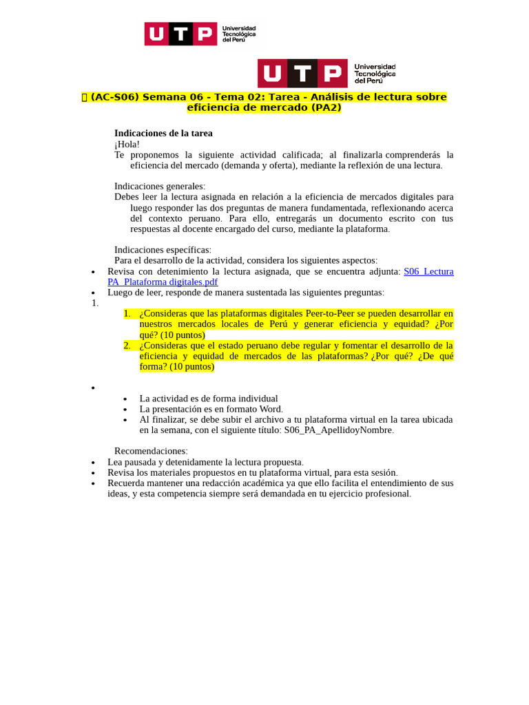 ? (AC-S06) Semana 06 - Tema 02 Tarea - Análisis de lectura sobre eficiencia de mercado (PA2 ...