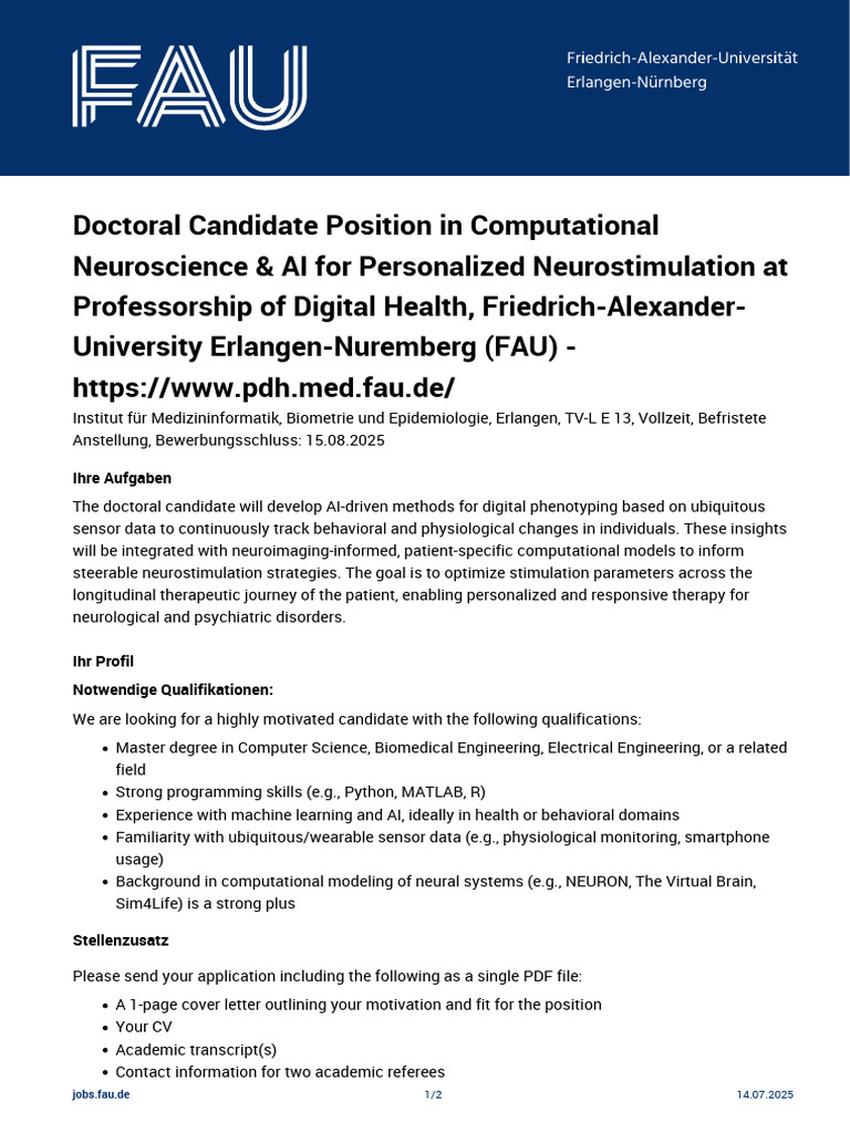 Fau Jobs Doctoral Candidate Position in Computational Neuroscience Ai ...