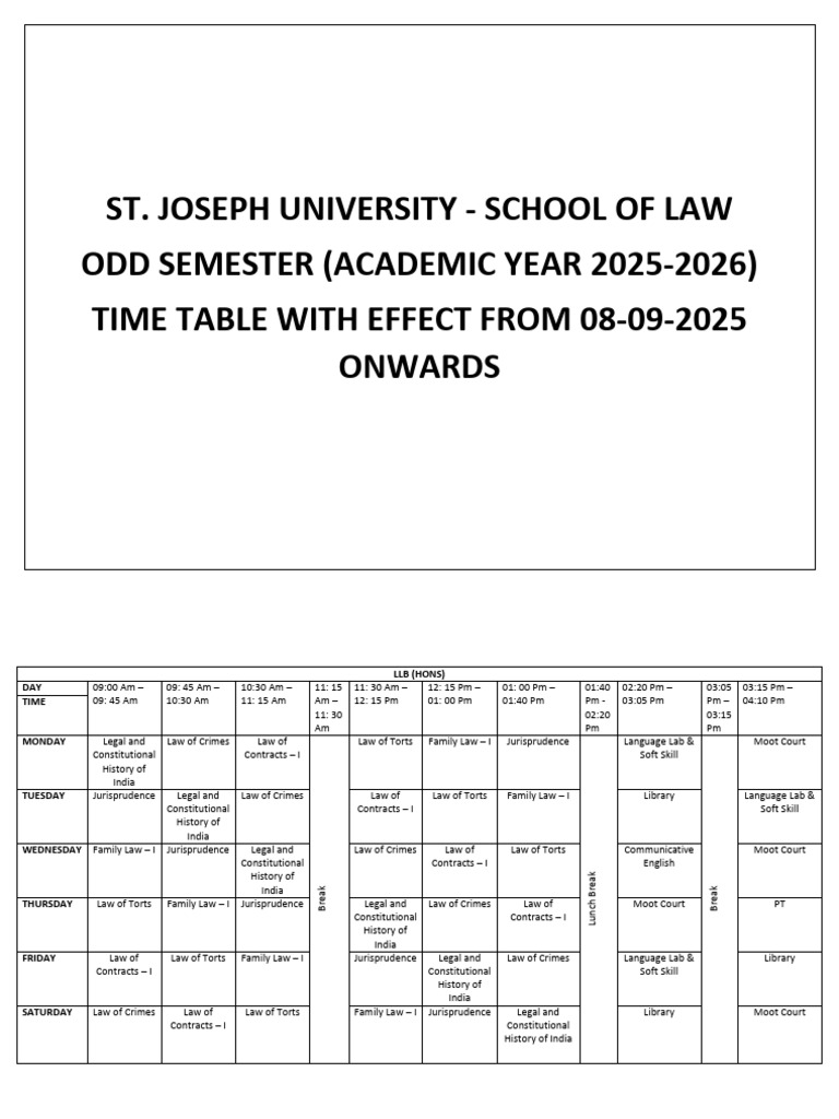 St. Joseph Law School Odd Semester Timetable | PDF | Jurisprudence | Tort